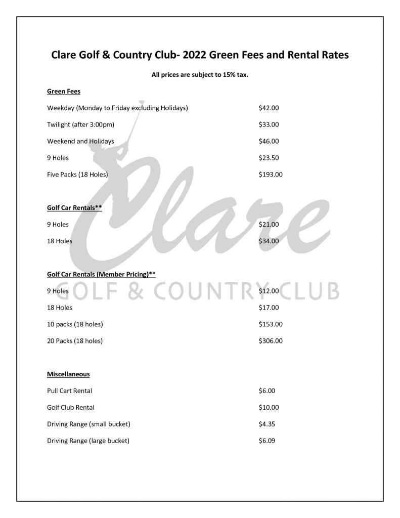 Rates - Clare Golf & Country Club