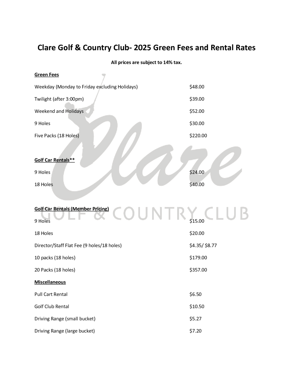 Rates - Clare Golf & Country Club